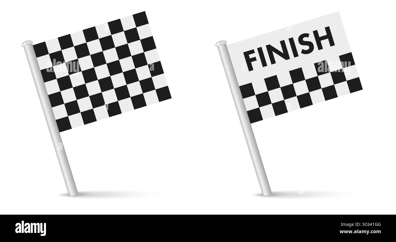 Finish map pointer pin flags. Checkered racing flag. 3D realistic ...