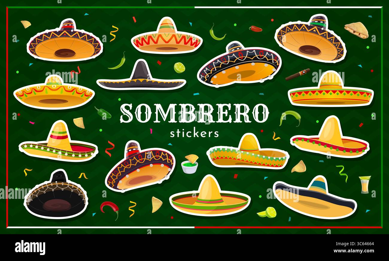 Cartoon mexican sombrero hats stickers. Mexico Amigo men costume ...