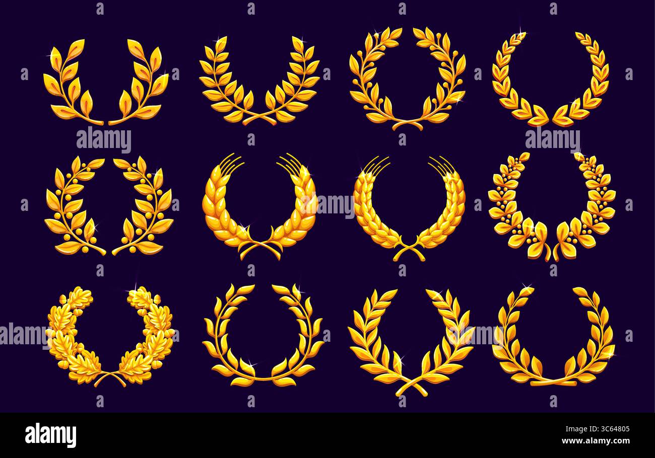 Golden laurel wreath badges game asset. Cartoon vector icons feature ...