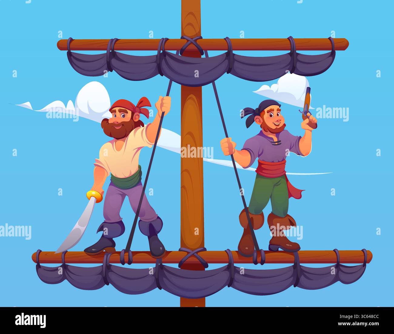 Cartoon pirate characters on the sail mast of medieval corsair sailboat ...
