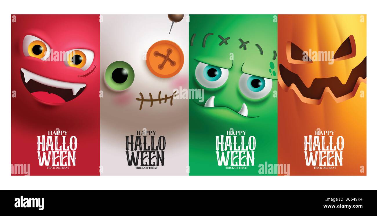 Halloween characters greeting card vector poster design. Happy ...