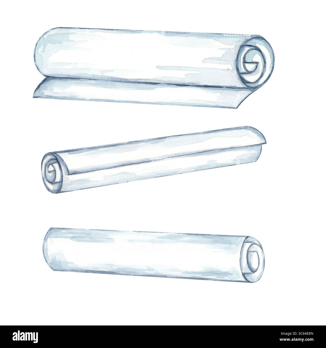 Set of three blue-gray rolled blueprints arranged separately in ...