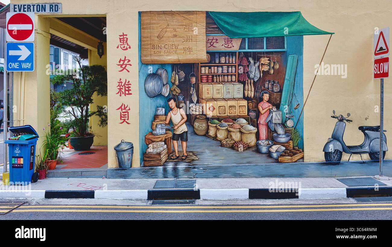 A wall painting by Yip Yew Chong in Everton Rd., Chinatown, Singapore ...