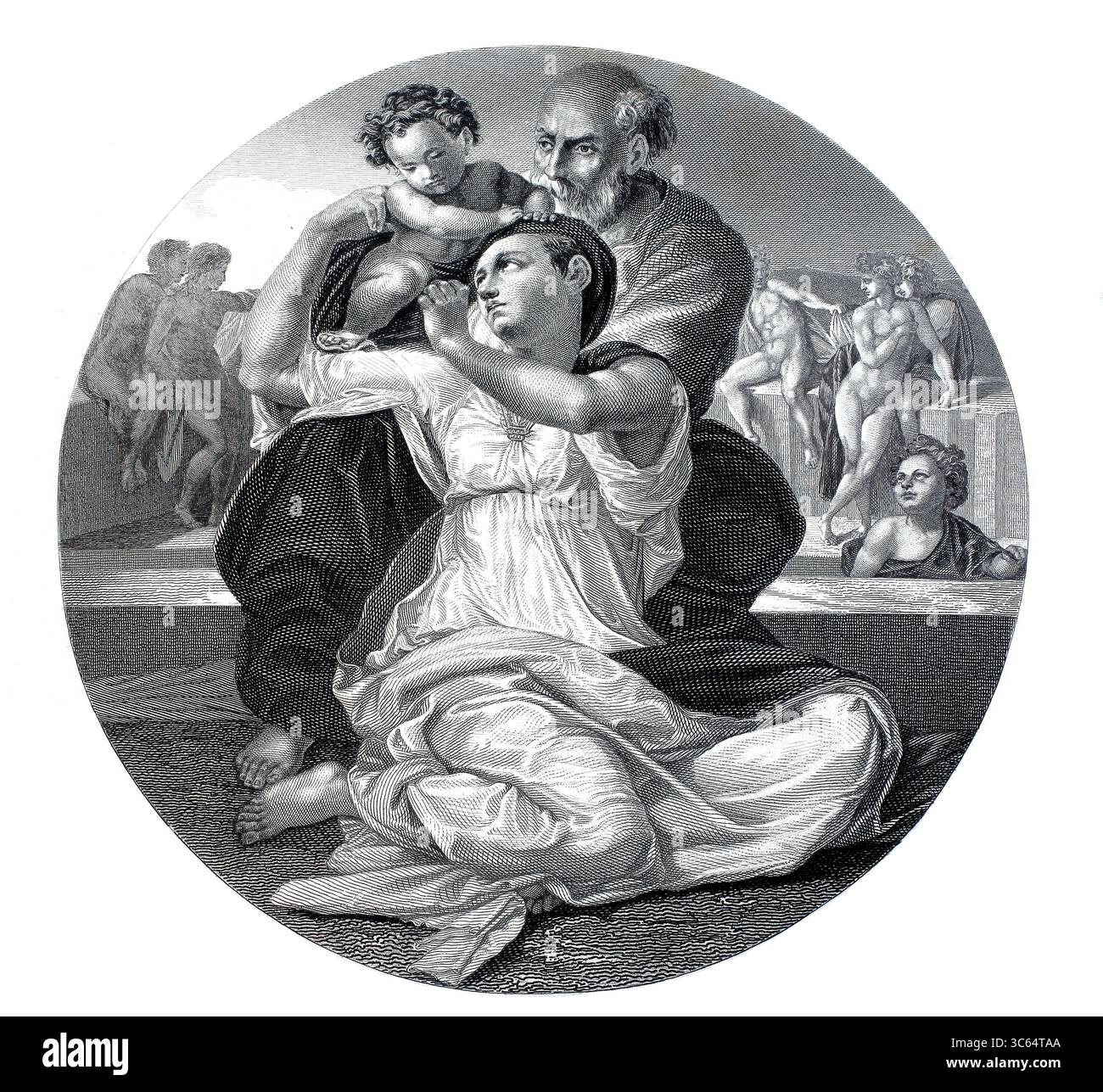 The Holy Family, a family sitting closely embraced, mother and father ...