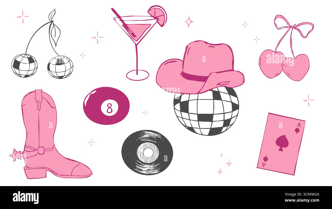 Disco ball y2k bachelorette party tattoo sketch. Disco ball with hat ...