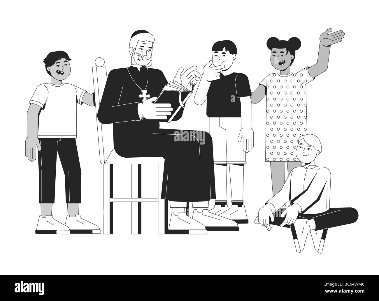 Catholic priest teaching children Bible stories outline illustration ...