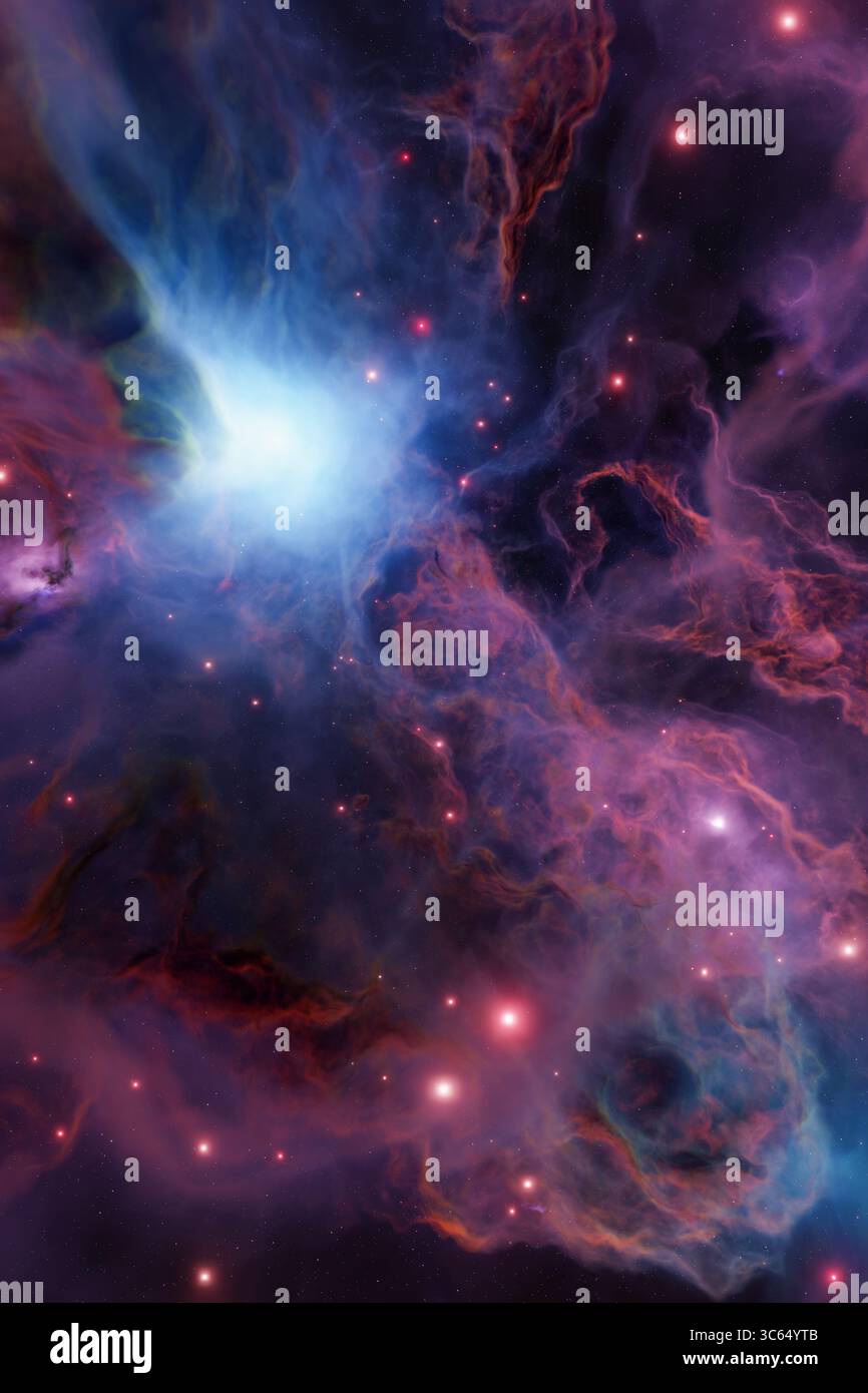 Swirling nebula with vivid blue, purple, and red gas clouds in deep ...