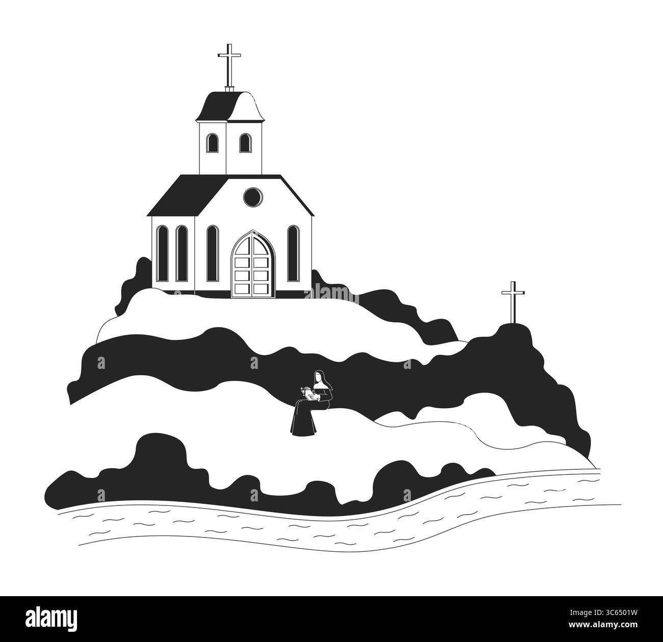 Church monastery on hill with nun reading outline illustration Stock ...