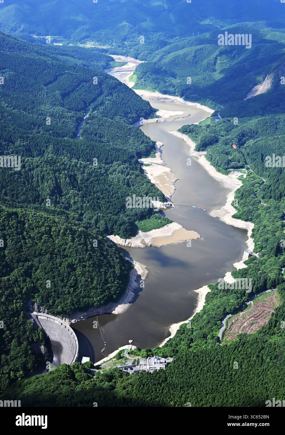 An aerial photo shows Naruko Dam which the water level reached 0% in ...