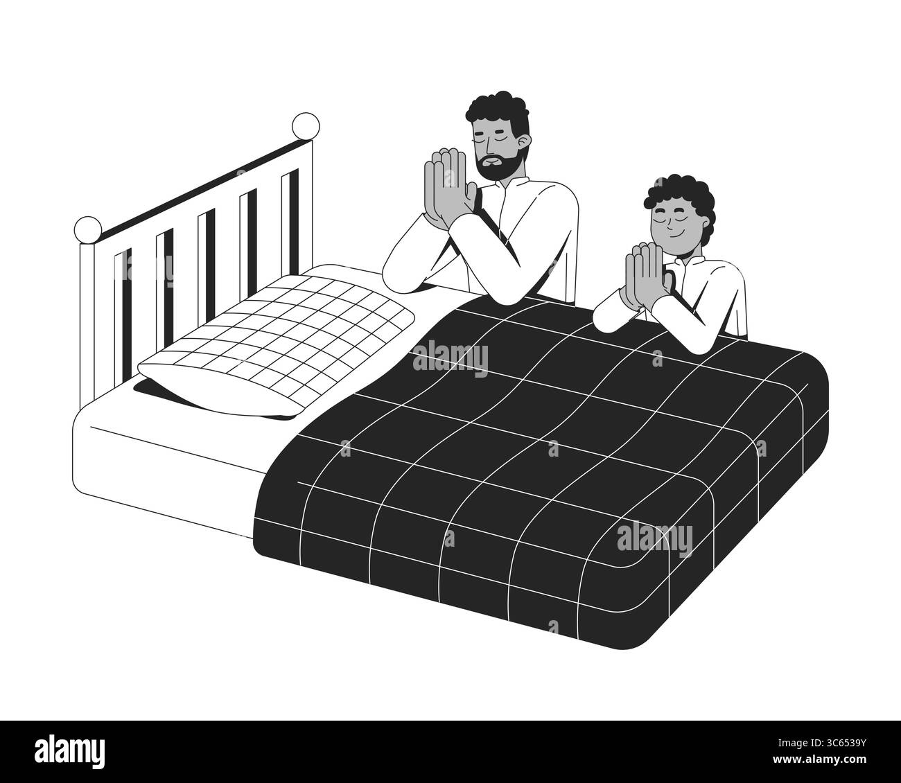 Black father son kneeling in prayer beside bed outline illustration ...