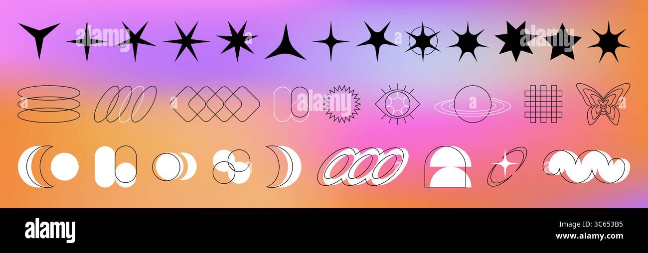 Trendy y2k elements on gradient bg - wavy shapes, eye icon with ...