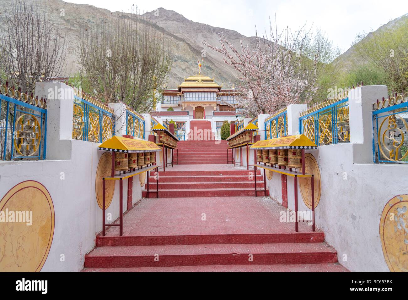 Stairs leading to Samstaling Monastery in Ladakh, India, lined with ...