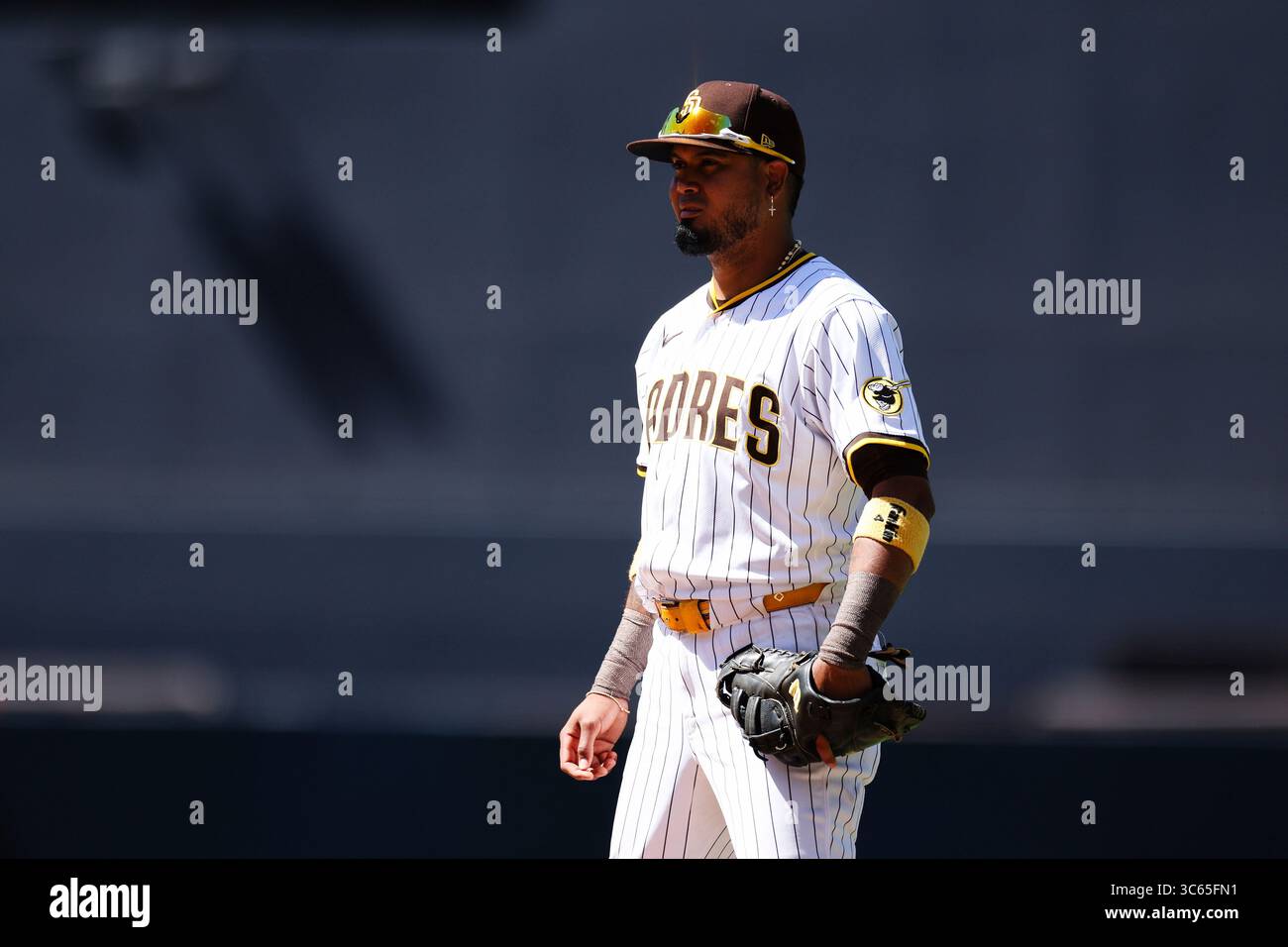 San Diego Padres first baseman Luis Arraez looks on in the eighth ...
