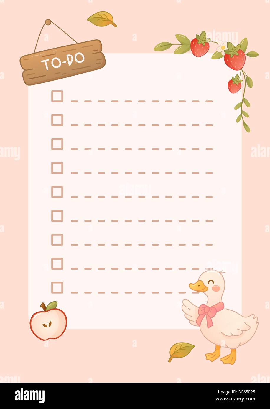 Cute to do list page with duck, strawberry branch, wooden sign and ...