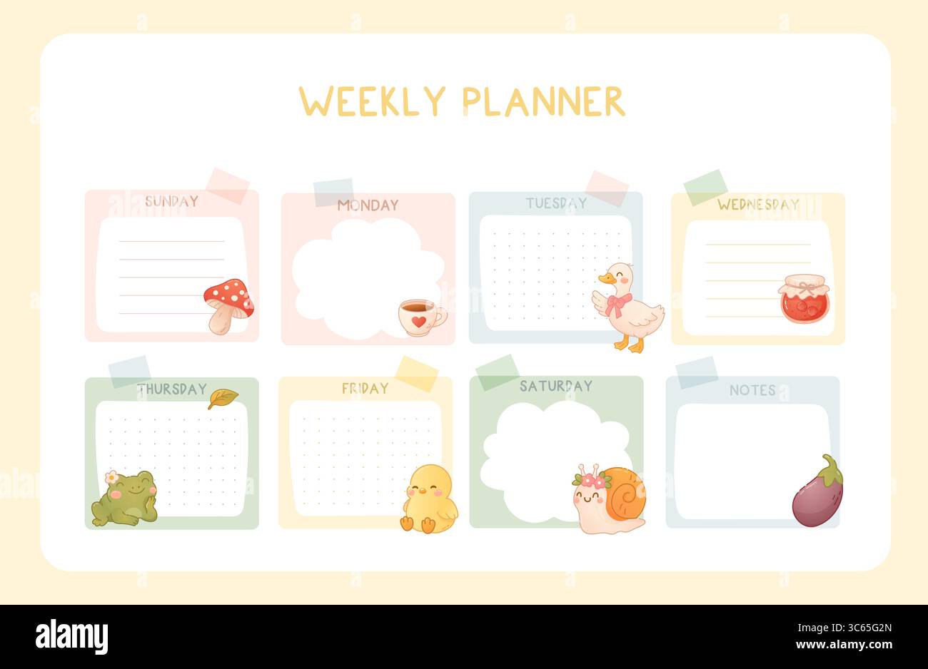 Weekly planner layout with individual boxes for each day, decorated ...