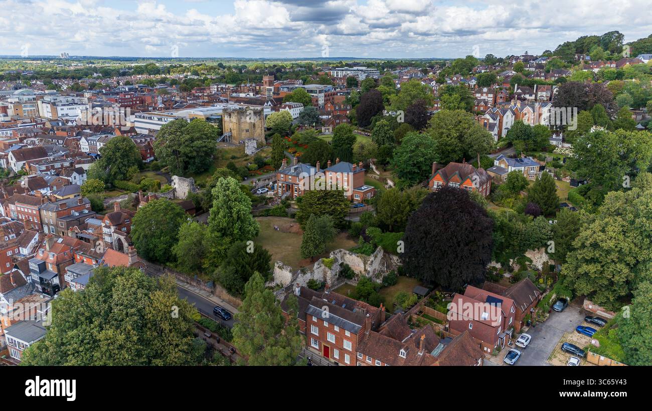 Aerial view of the ancient Guildford Castle ruins nestled among vibrant ...