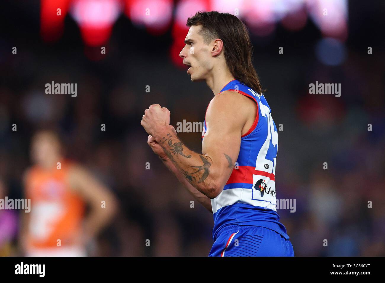 Caleb Poulter of the Bulldogs celebrates a goal during the AFL Round 21 ...