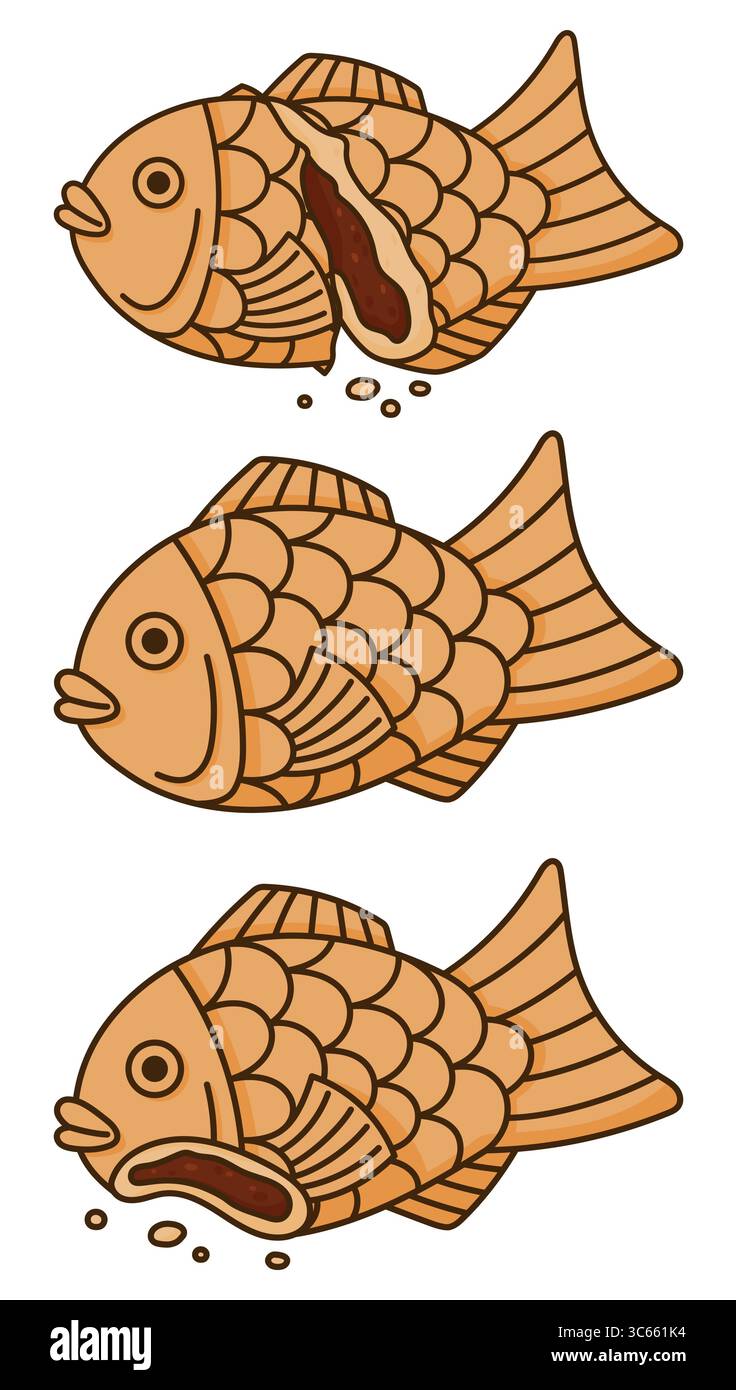 Taiyaki japanese pastry set. Fish shaped cake stuffed with red adzuki ...