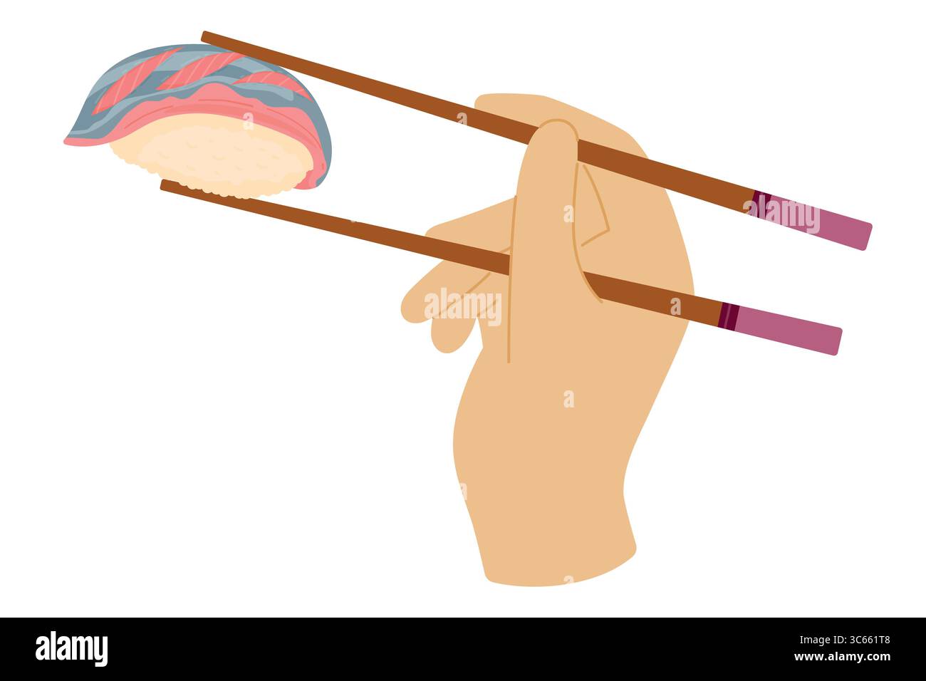 Cartoon hand holds chopsticks with iwashi sushi. Japanese cuisine ...