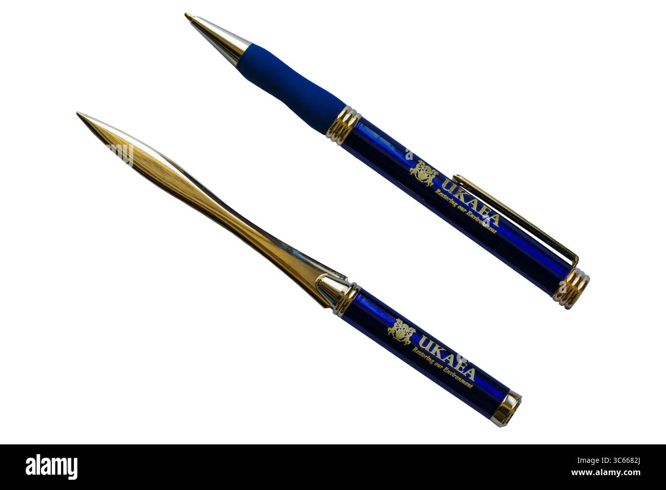 Pen and letter opener with UKAEA logo on isolated on white background ...