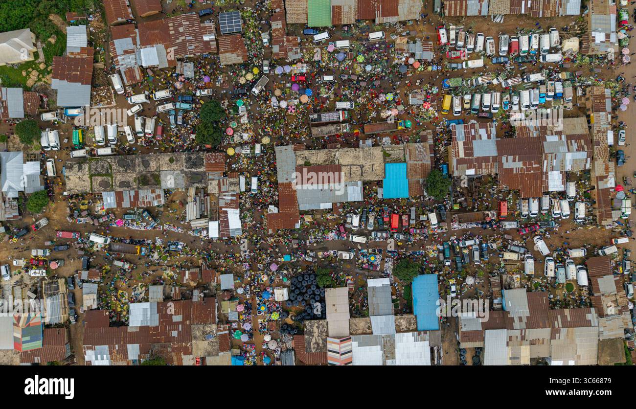 Aerial view of the bustling Terminus Market, a dense tapestry of ...