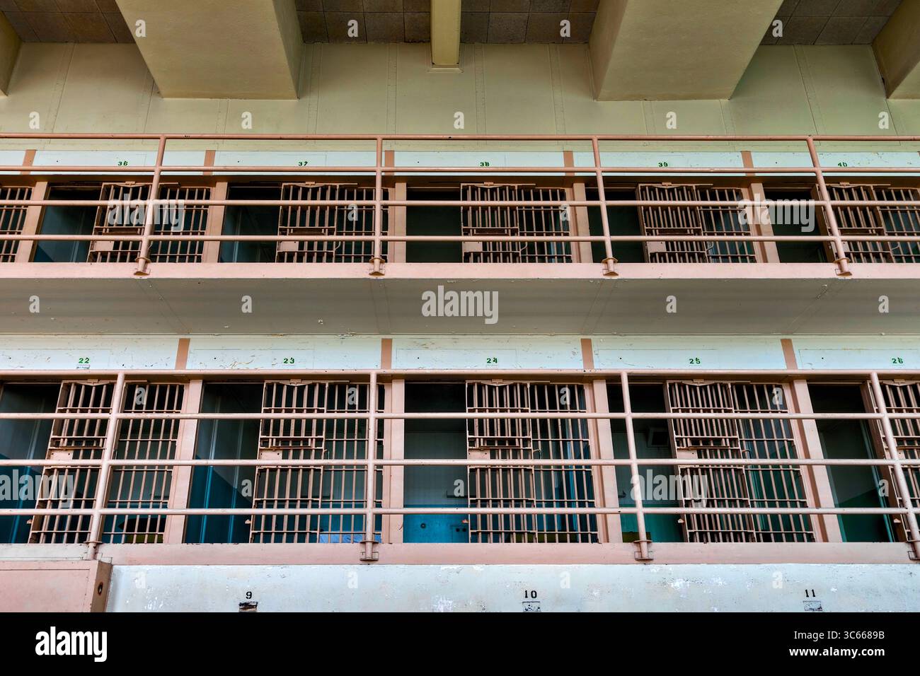 Prison cells on landings on the notorious Alcatraz Island off San ...