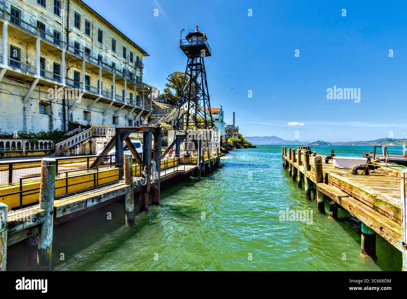 Wharf Tower (Watch tower) and landing wharf on Alcatraz Island, San ...