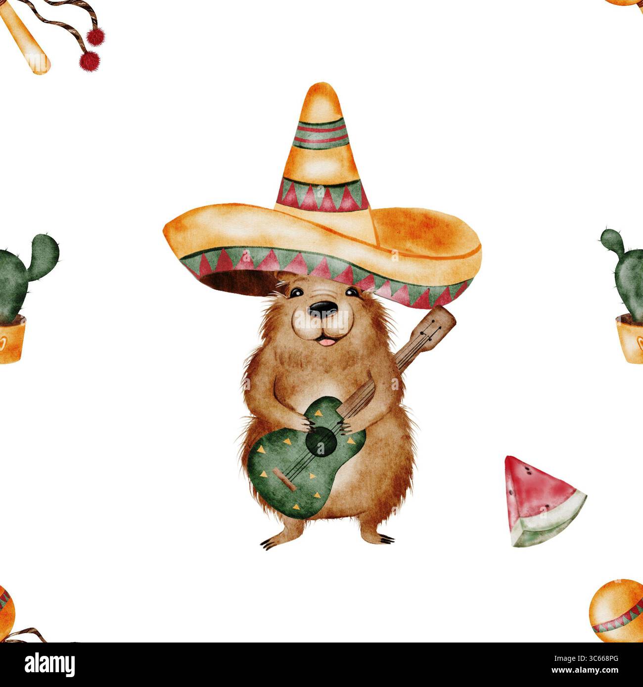 Capybara cartoon watercolor seamless pattern. A funny animal in a ...