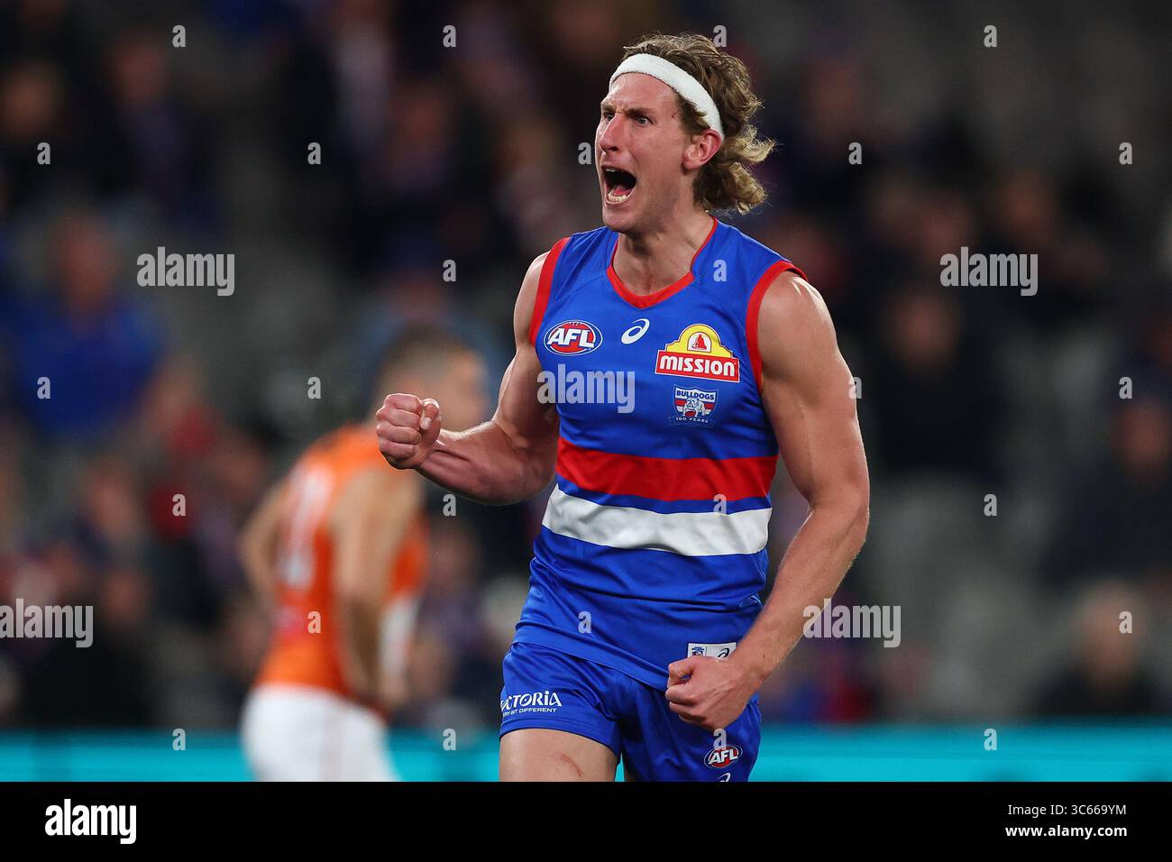Aaron Naughton of the Bulldogs celebrates a goal during the AFL Round ...