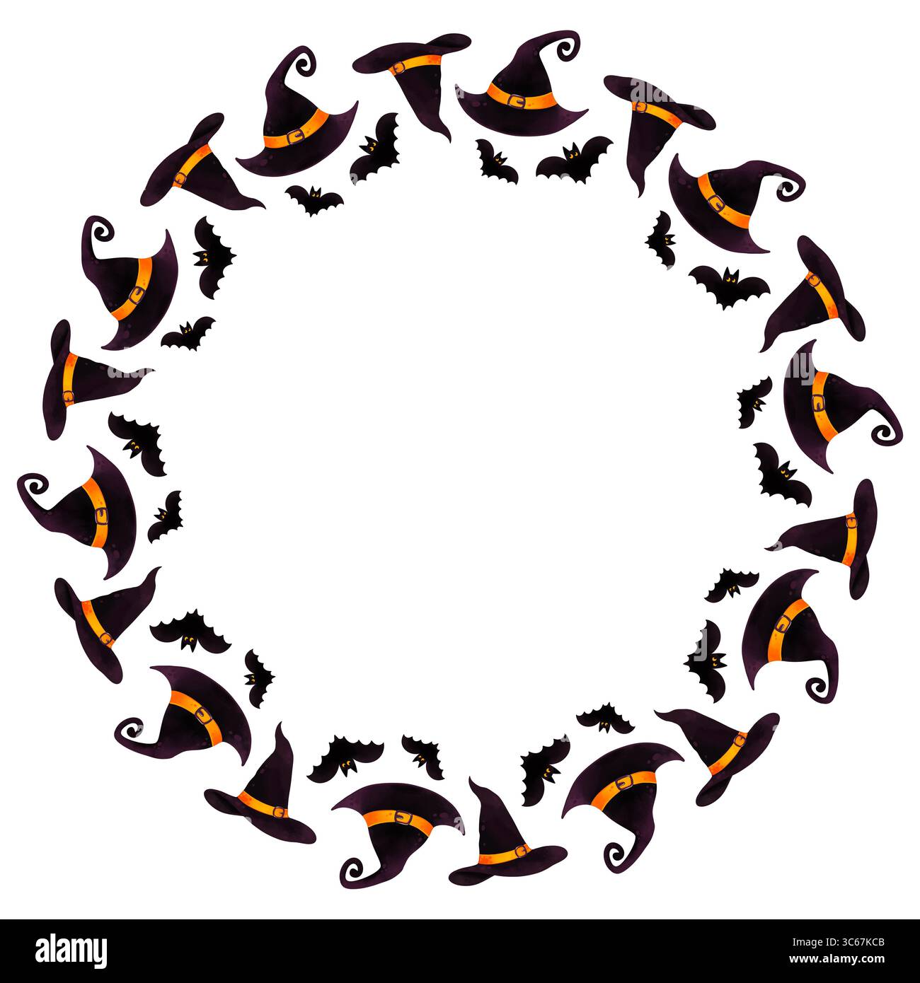 Round frame with Halloween composition. Hand drawn illustration with ...