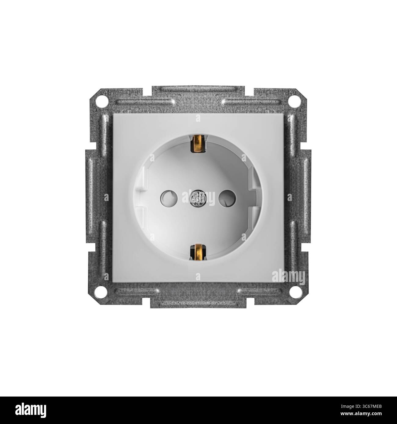 A white European electrical wall socket with exposed metal mounting ...