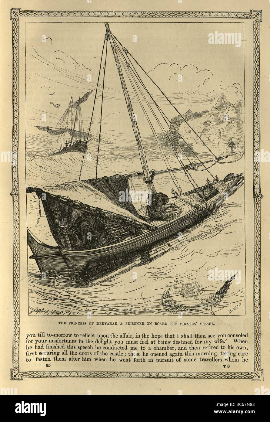 Vintage illustration, Princess of Derabar a prisoner on the pirate ship ...