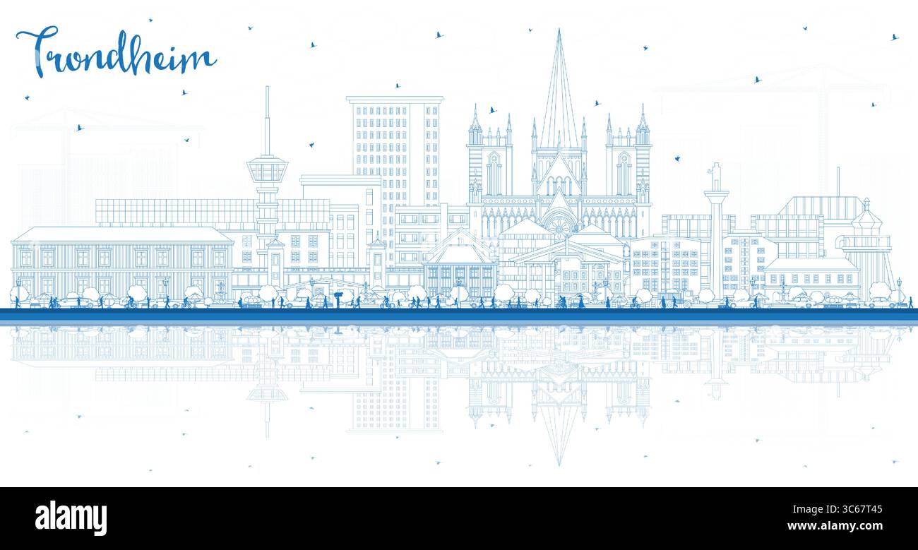 Outline Trondheim Norway City Skyline with Blue Buildings and ...