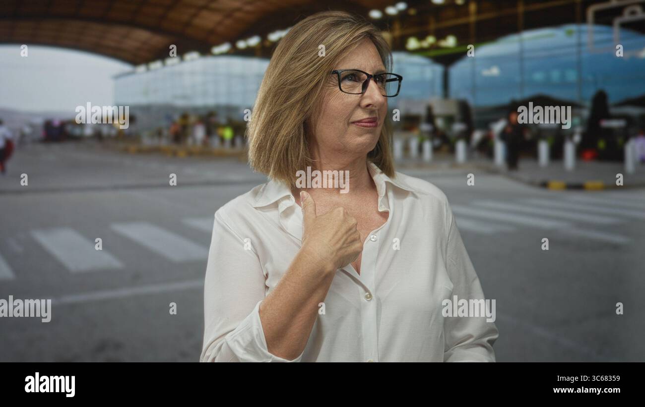 Caucasian woman with glasses pointing finger to chest at busy outdoor ...