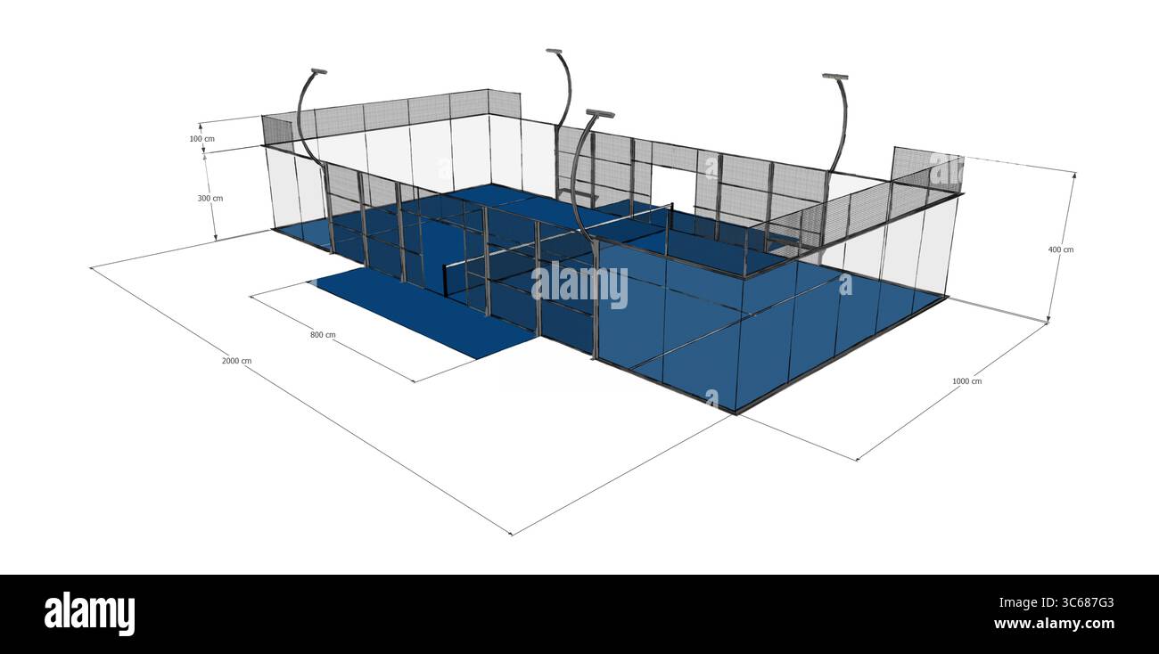 3D isometric sketch of a modern blue padel court showing detailed ...