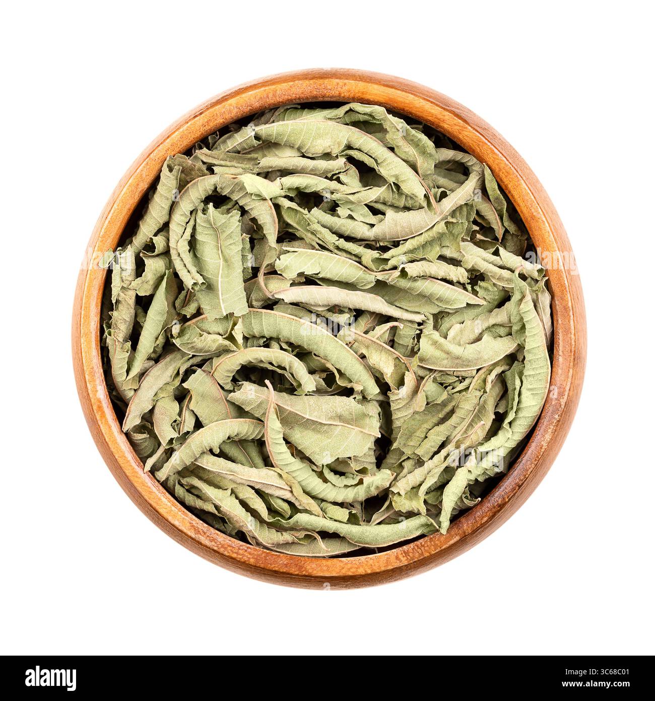 Dried lemon verbena leaves in wooden bowl. Aloysia citrodora, also ...