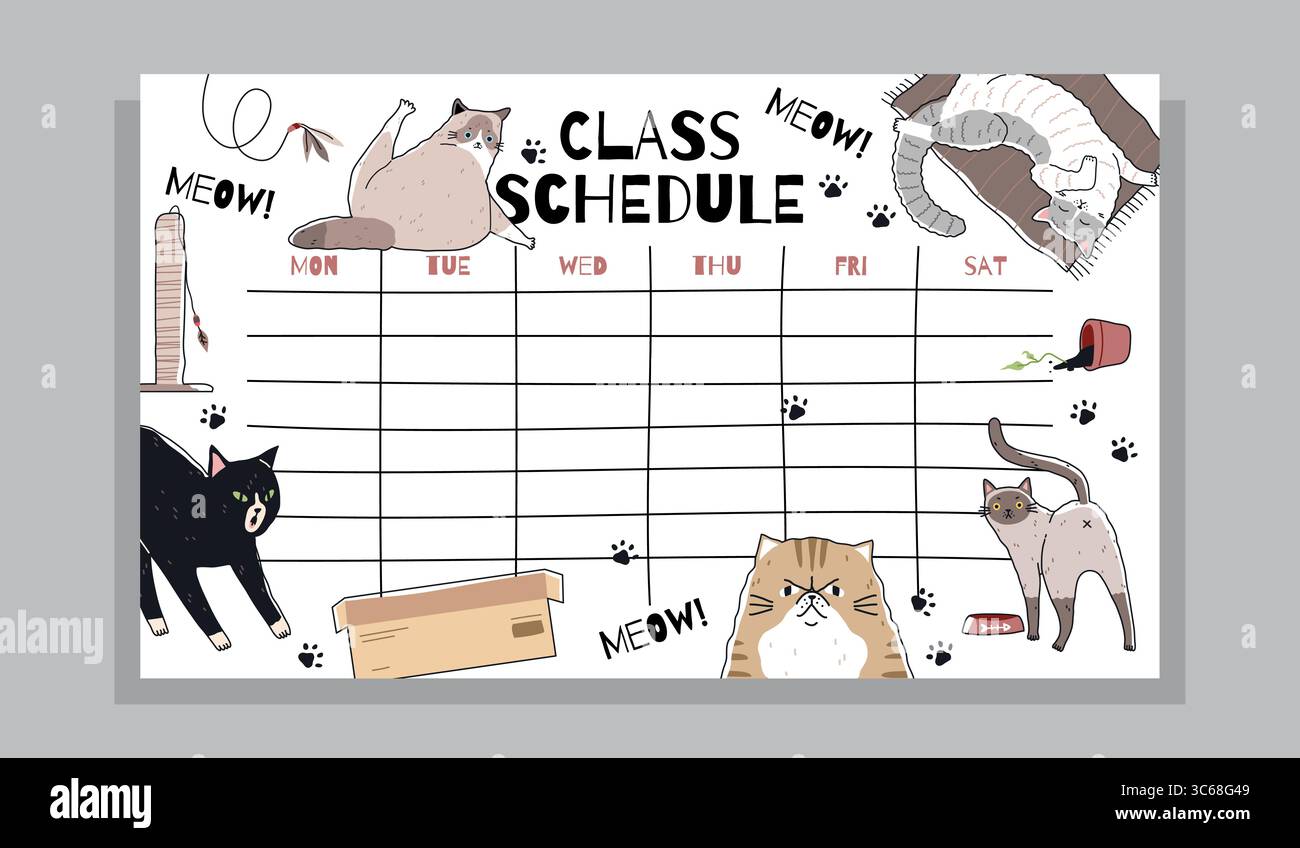 School schedule with cute cats. Training glider design, funny ...