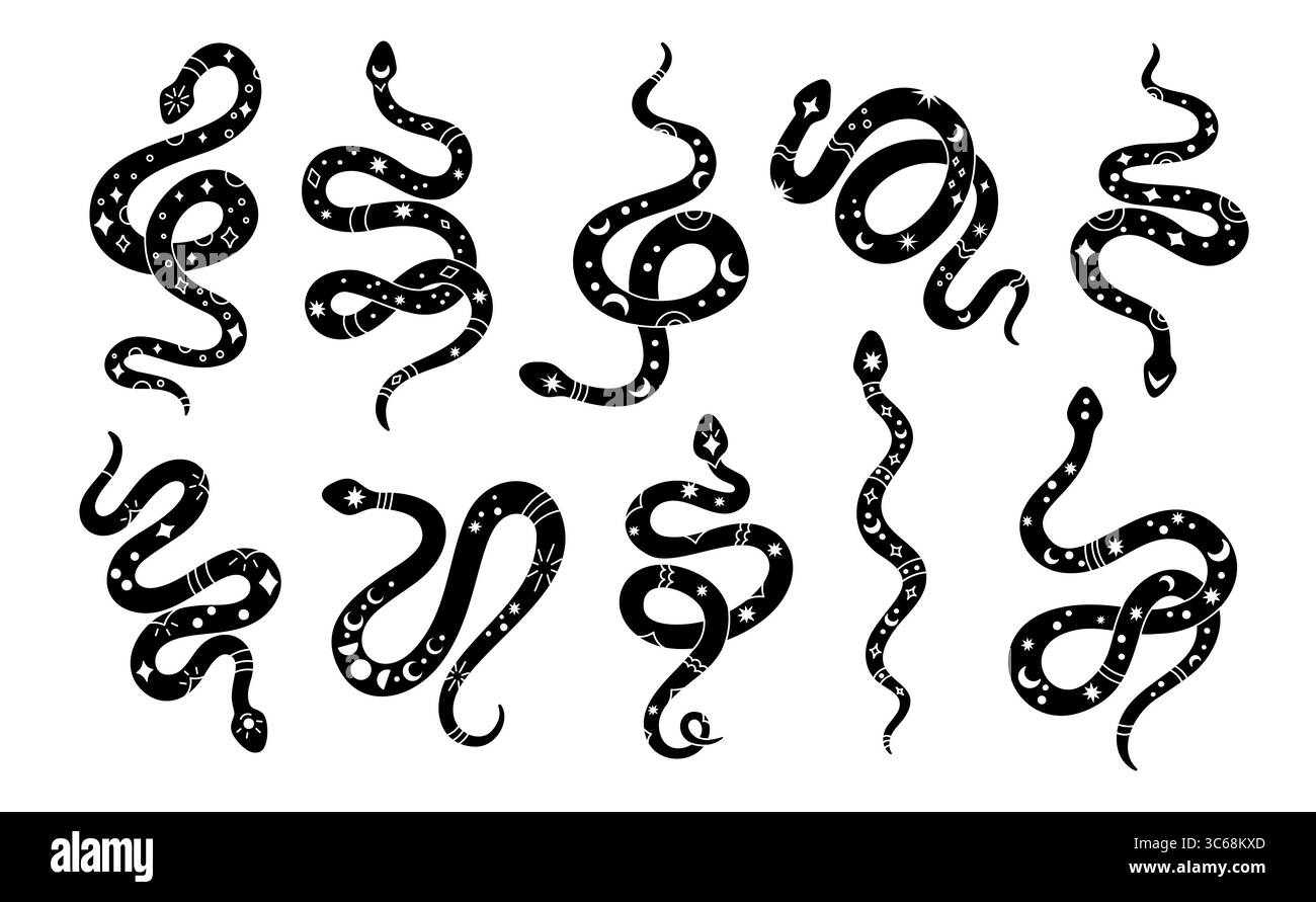 Mystic snake. Black silhouette snakes with magical signs on bodies ...