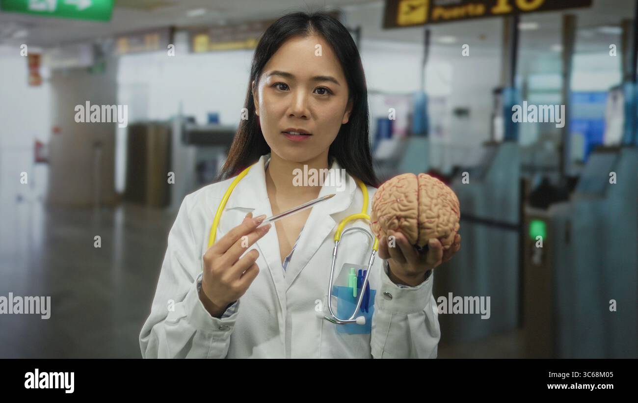 Young woman doctor holding brain model with stethoscope in airport ...