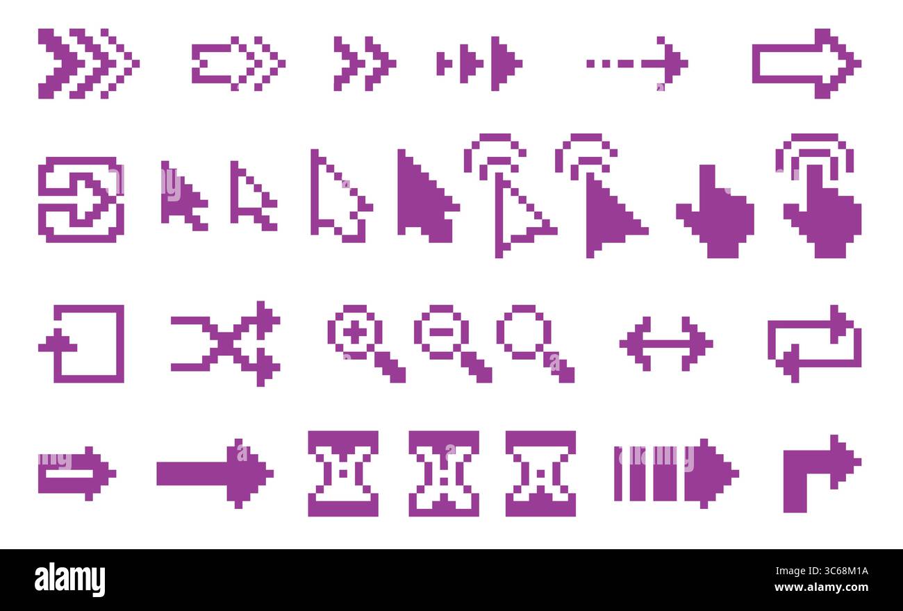 Monochrome pixel cursors. Clicks icons and 8 bit arrows, hand finger ...