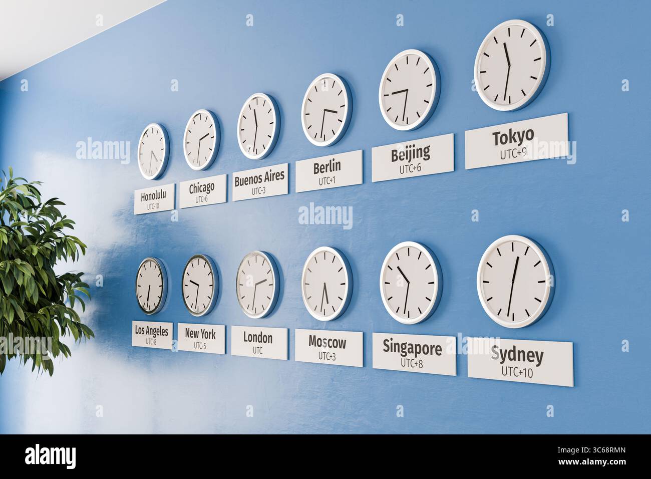 Different clocks with different timezones and cities on a wall ...