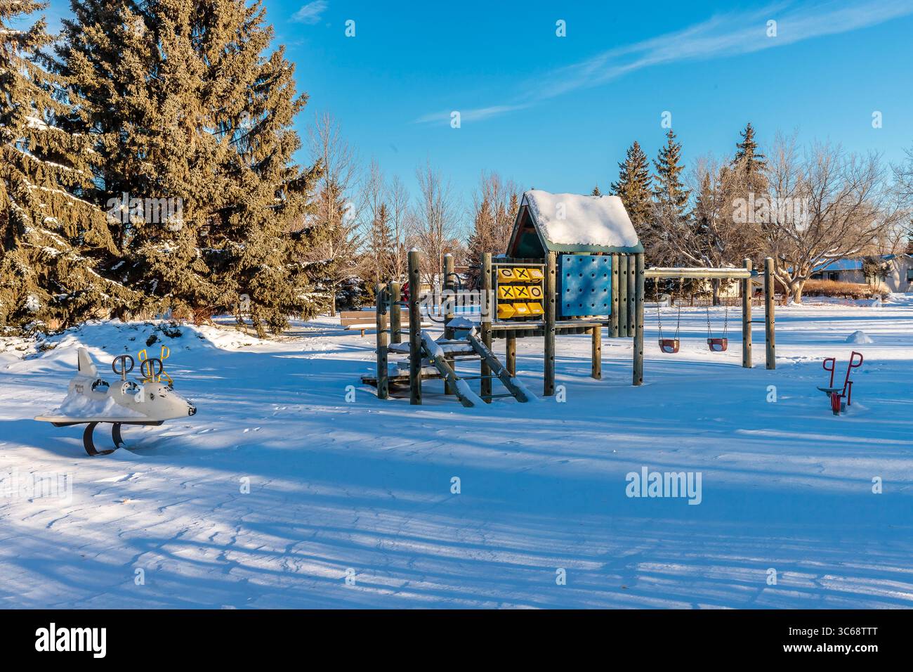 Playground with a blue structure and a bench. The bench is covered in ...