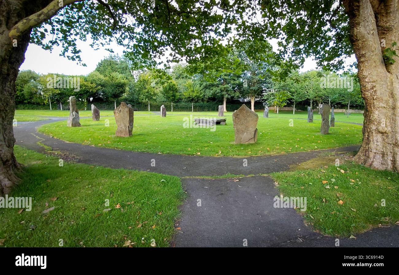 The stone circle in Gorsedd Park in Ystradgynlais, a commemorative ...