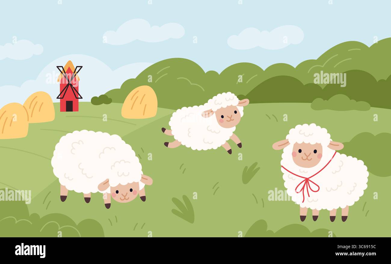 Sheep in pasture. Funny little lambs on green field, cute curly farm ...