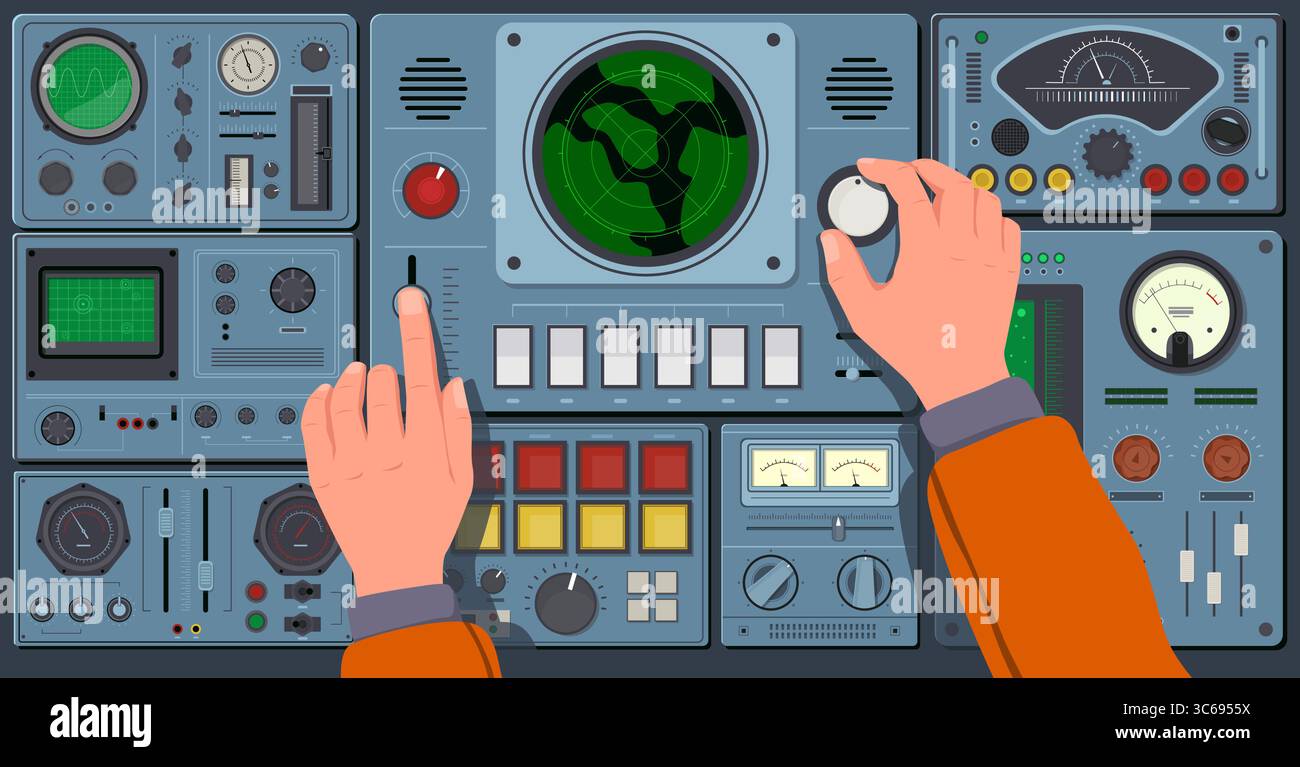 Pilot hands on control panel. Operator controls spaceship, retro analog ...