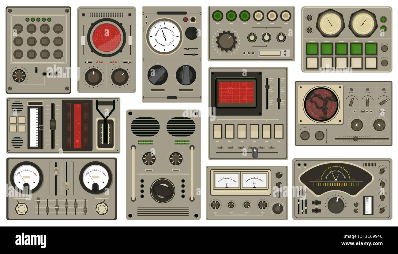 Control panel buttons. Retro spaceships dashboards, analog devices and ...