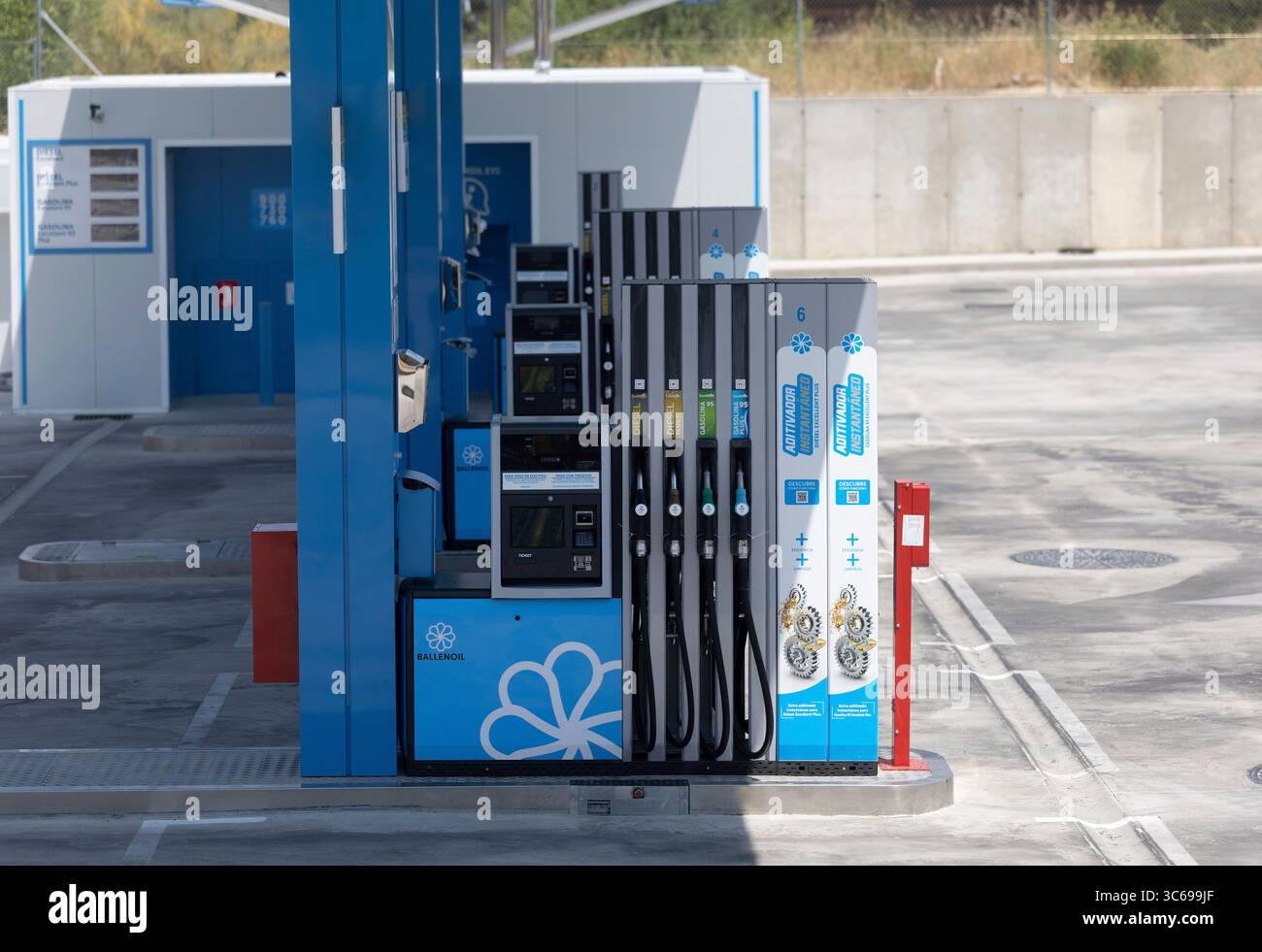 A low-cost gas station on July 31, 2025, in Madrid, Spain. The number ...