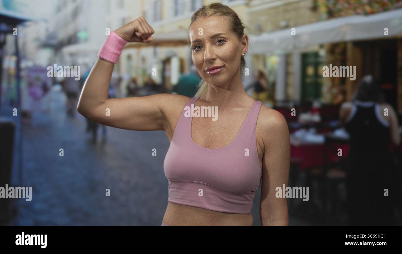 Woman flexes bicep tilts head hi-res stock photography and images - Alamy