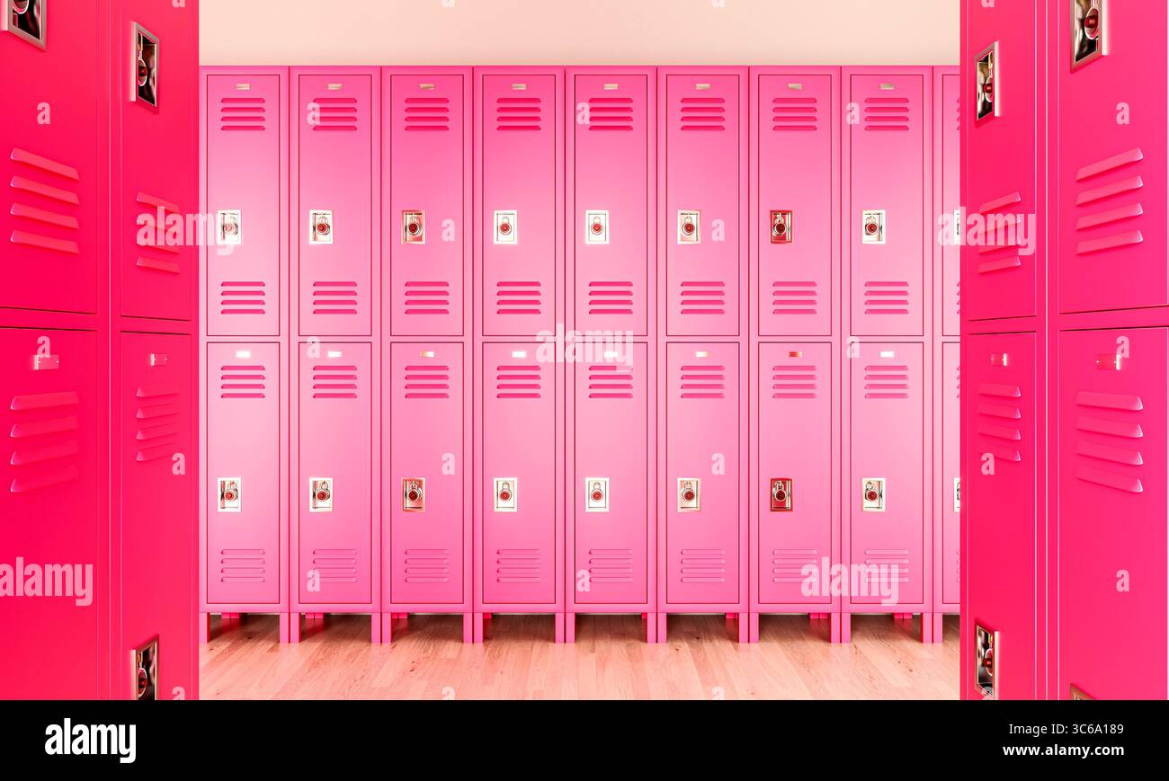 pink lockers stand in a school hallway 3D Stock Photo - Alamy
