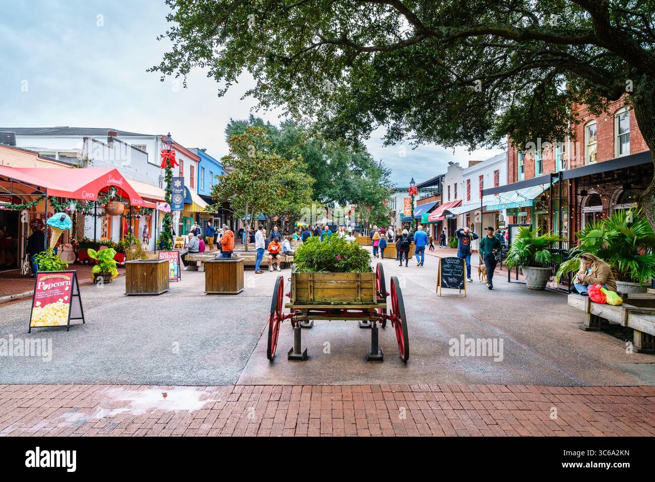 Savannah, GA, December 28, 2023: View down a pedestrian street in the ...